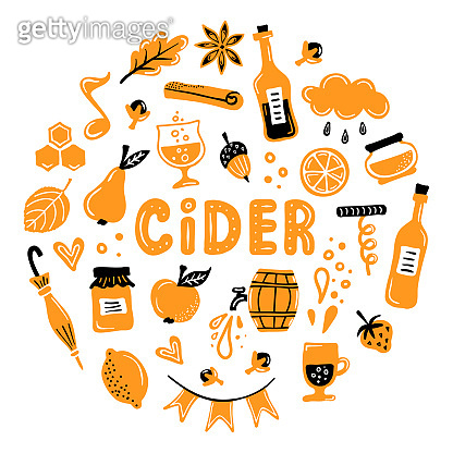 Cider poster with round frame of hand-drawn elements. Vector ...