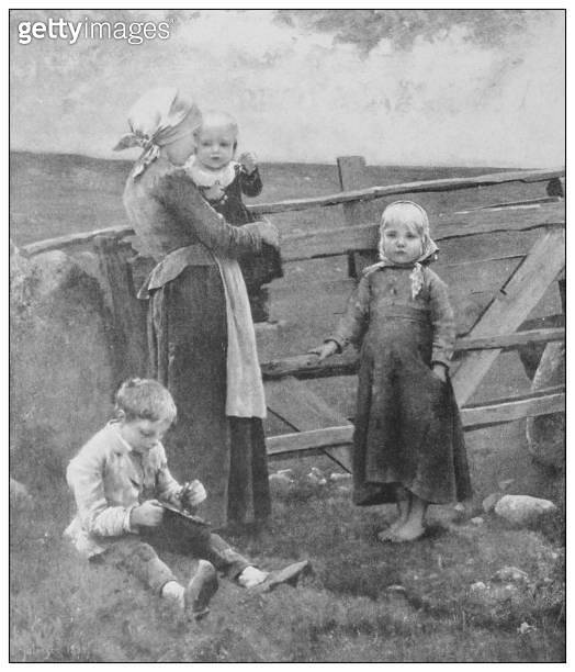 Antique famous painting from the 19th century: At the pasture gate by ...