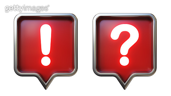 Set of shiny exclamation mark and question mark in red square pin ...