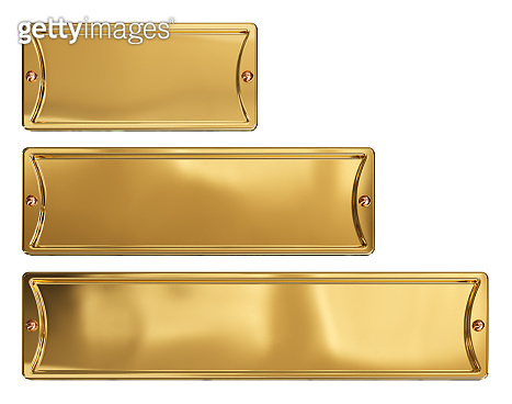 Empty gold or brass metal plates set, isolated on a white background ...