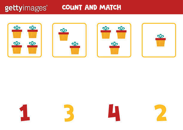 Count all objects and match with numbers. Math game with present boxes ...