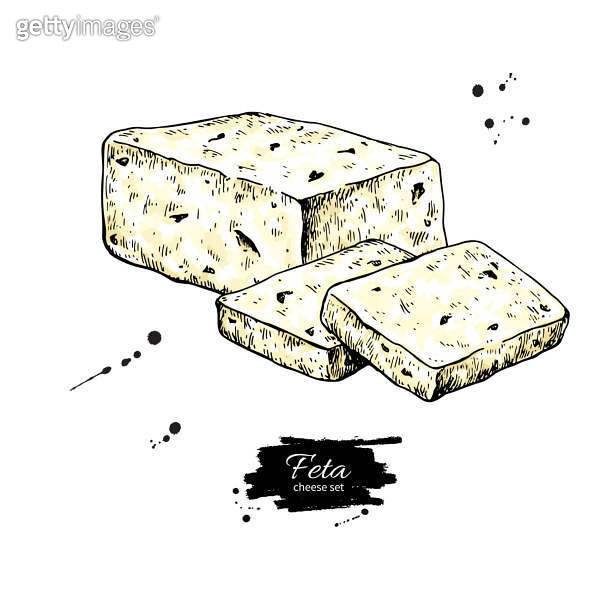 Greek feta cheese block, slice drawing. Vector hand drawn food sketch ...