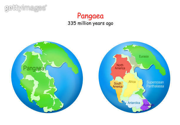 Pangaea maps with modern continental borders, and Superocean ...