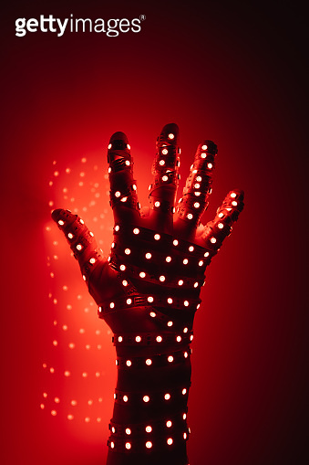 human hand covered with red led lights, illuminated background 이미지 ...