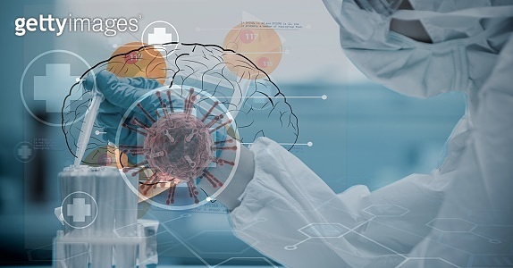 Digital illustration of a scientist wearing a face mask over a human ...