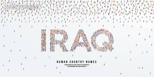 Human country name Iraq. large group of people form to create country ...