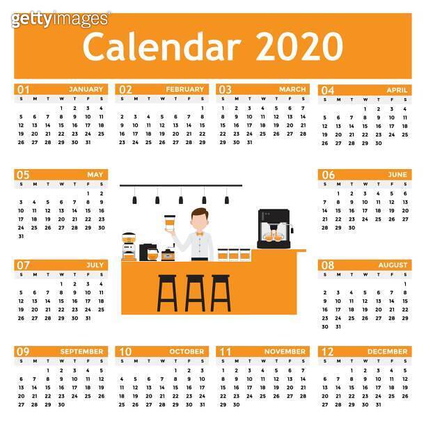 Monthly Calendar 2020 with Coffee Shop flat design vector illustration ...