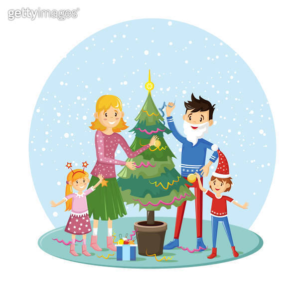 Family decorate Christmas tree together prepare for Xmas. 이미지 ...