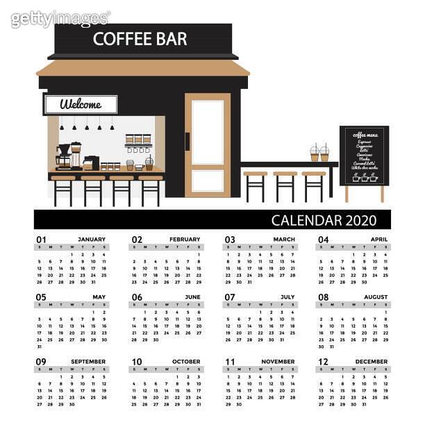 Monthly Calendar 2020 with Coffee Shop flat design vector illustration ...
