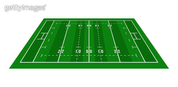Perspective green rugby field. View from above. Rugby field with line ...