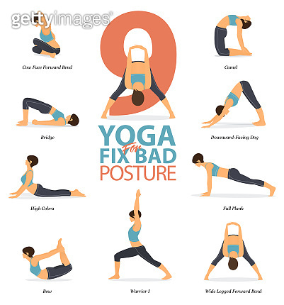Infographic of 9 Yoga poses for Yoga at home in concept of fix bad ...