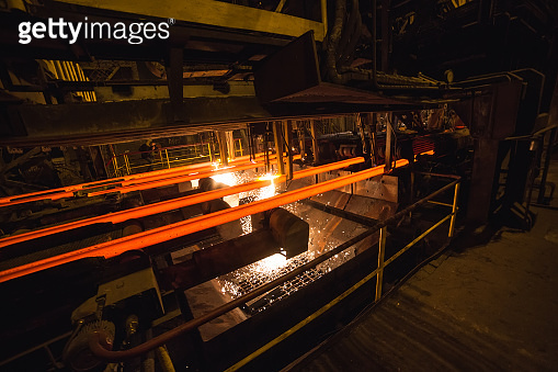 Steel Billets at Torch Cutting. Hot billet bloom continuous casting ...