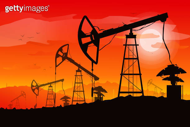 Illustration of oil derrick rig. Black silhouette on red gradient ...