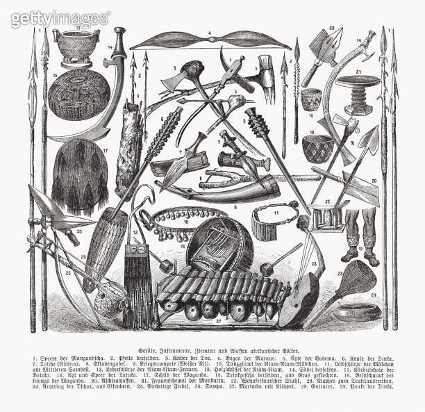 Cultural objects of African indigenous people, wood engraving ...