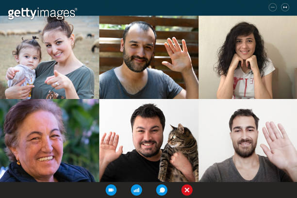 Laptop webcam screen view multiethnic families contacting distantly by ...