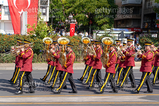 Turkish military marching band parade during Zafer Bayrami in Ataturk ...