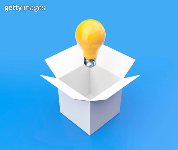 Yellow light bulb coming out a empty white box 3D illustration with ...