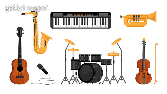 Musical instruments set isolated flat-cartoon icons. Vector digital ...
