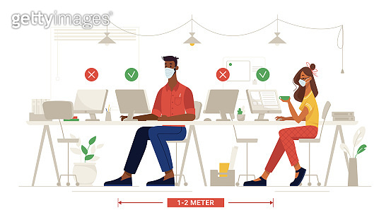Office social distance, people in masks at work, workplace safety rules ...