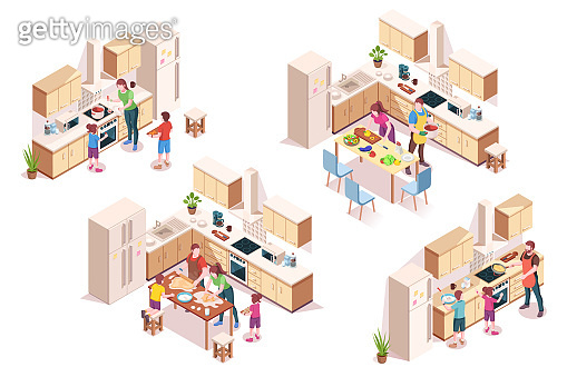 Set of vector 3d kitchen interiors with family cooking. Isometric ...