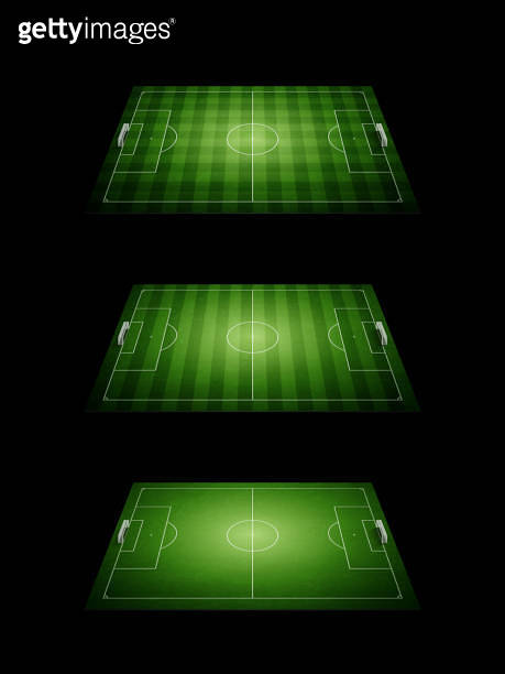 perspective deep green football court with damage texture. striped and ...