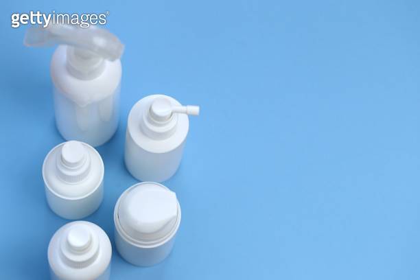 Disinfectant Bottle Set. Hand disinfection. White plastic bottles on a ...