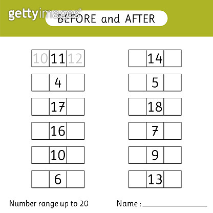 Fill in the missing numbers. Before and after. Number range up to 20 ...
