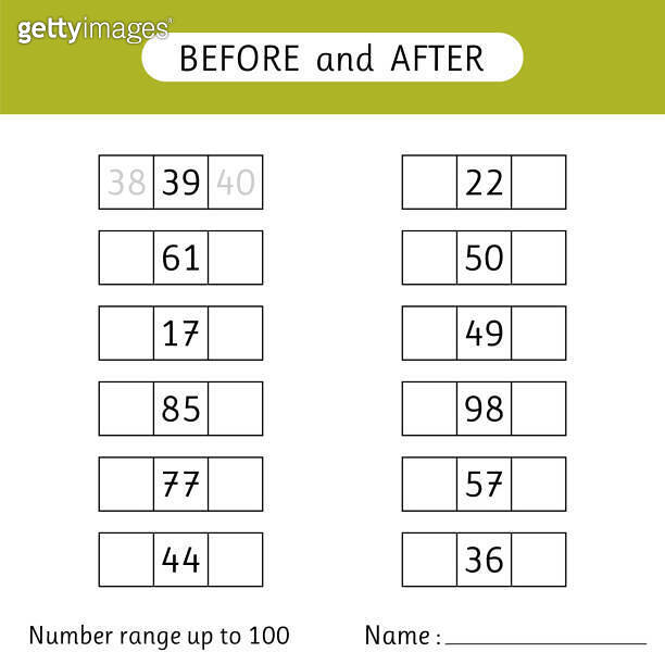 Fill in the missing numbers. Before and after. Number range up to 100 ...