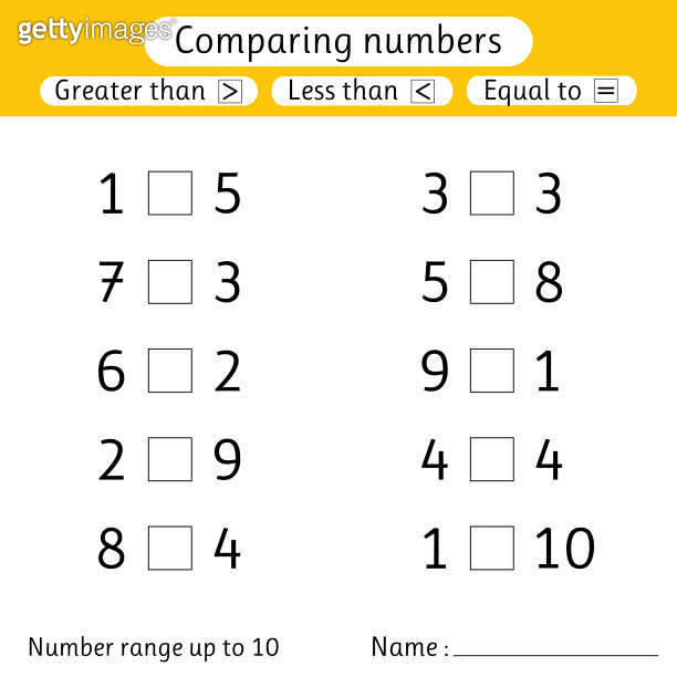 Comparing numbers. Less than, greater than, equal to. Number range up ...