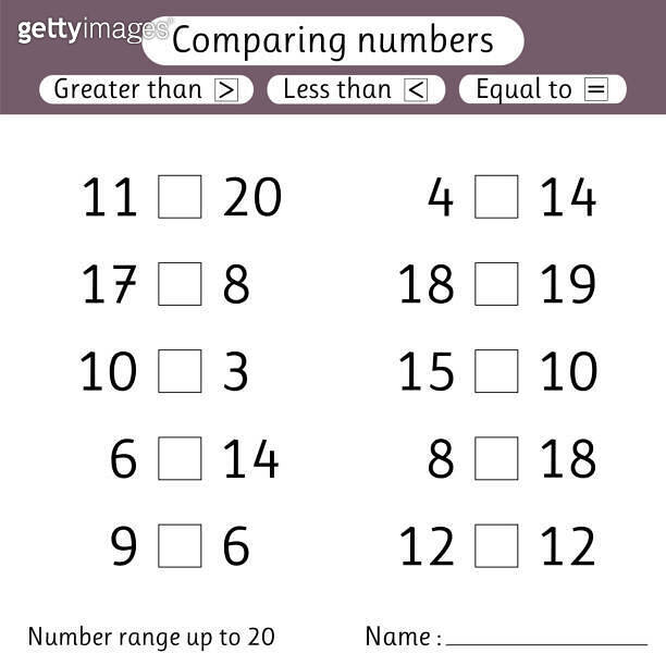 Comparing numbers. Less than, greater than, equal to. Number range up ...