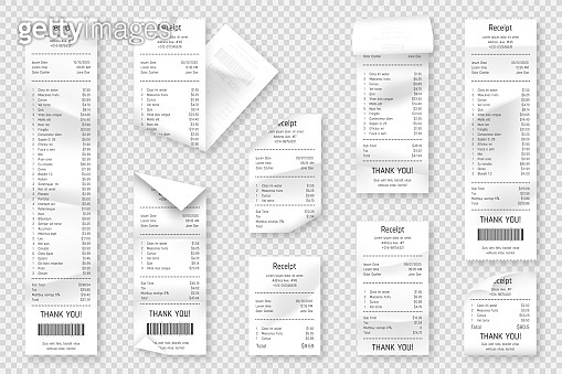 Set of paper receipts isolated on background. Realistic paper receipt ...