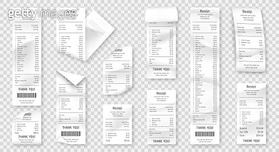 Set of paper receipts isolated on transparent background. Realistic ...