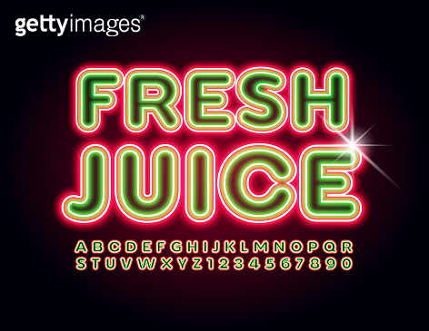 Vector bright emblem Fresh Juice. Neon Alphabet Letters and Numbers set ...