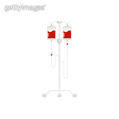 A blood transfusion container is mounted on a metal rack. Medical ...