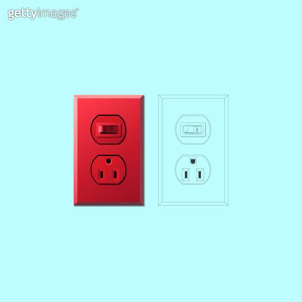 Vector illustration of detailed red electric switch and sockets. Line ...