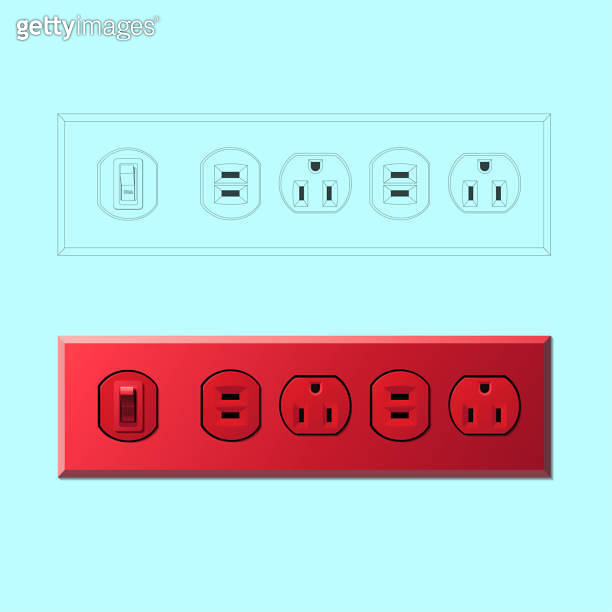 Vector illustration of detailed red electric switch and sockets. Line ...