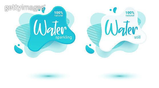 Mineral water tag. Blue label and stikers emblem with drops of water ...