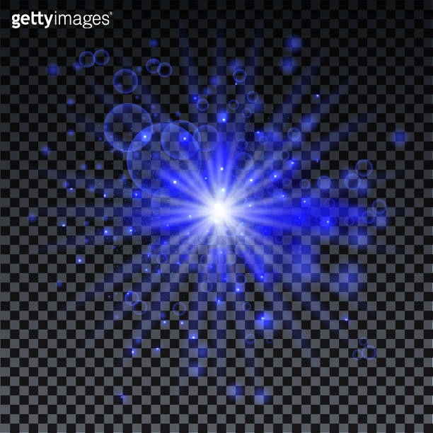 Blue burst on transparent background with sparkles and bokeh. Blue star ...