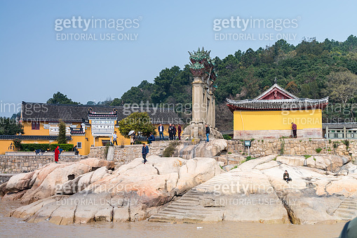 Building of Chinese buddhist temple in Mount Luojia, which lies in the ...