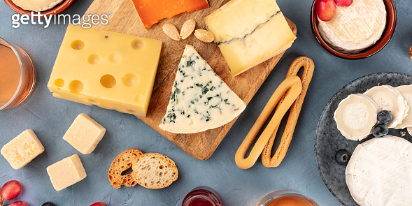 Cheese platter, overhead panoramic shot. Blue cheese, goat cheese ...