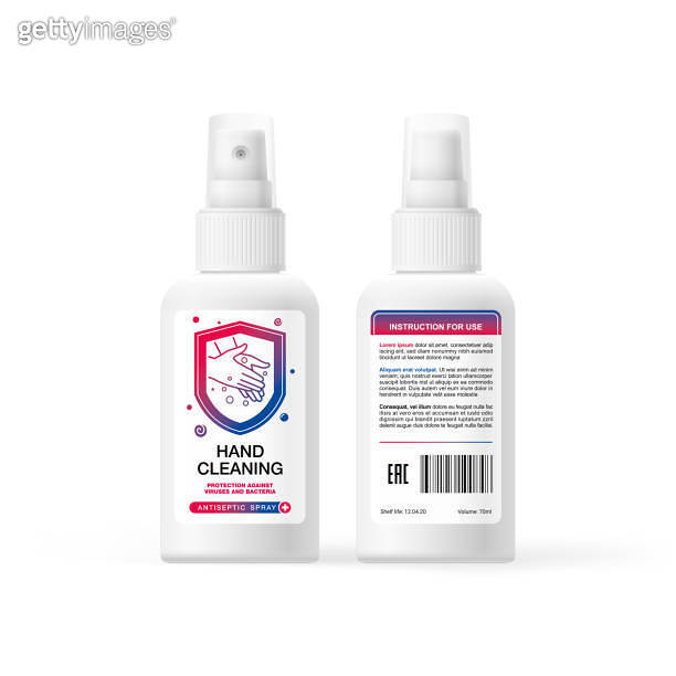Antiseptic label design, shield illustration and hand disinfection ...