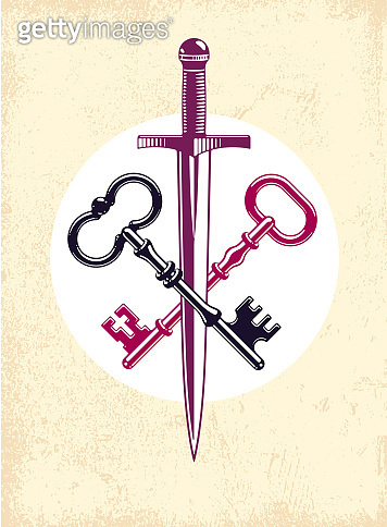 Crossed keys and dagger vector symbol emblem, turnkeys and sword ...