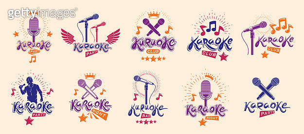 Karaoke logos and emblems vector set, microphones and musical notes ...