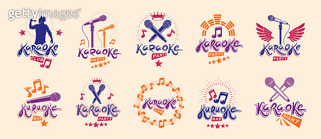 Karaoke logos and emblems vector set, microphones and musical notes ...