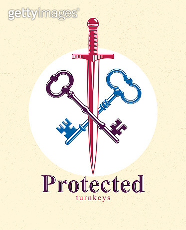 Crossed keys and dagger vector symbol emblem, turnkeys and sword ...