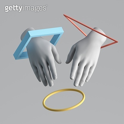 3d render white abstract artificial hands with levitating colorful ...