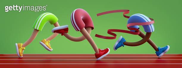 3d render cartoon characters run. Marathon participants, running legs ...