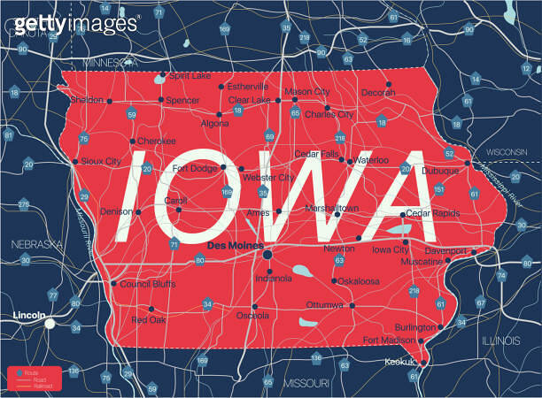 Iowa state detailed editable map (1289289556) 일러스트, 무료 일러스트 - 게티이미지뱅크
