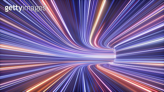 3d render of hyperspace tunnel turning to the right, abstract cosmic ...
