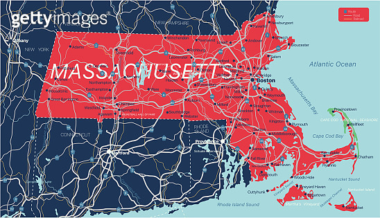 Massachusetts state detailed editable map 이미지 (1289900283) - 게티이미지뱅크